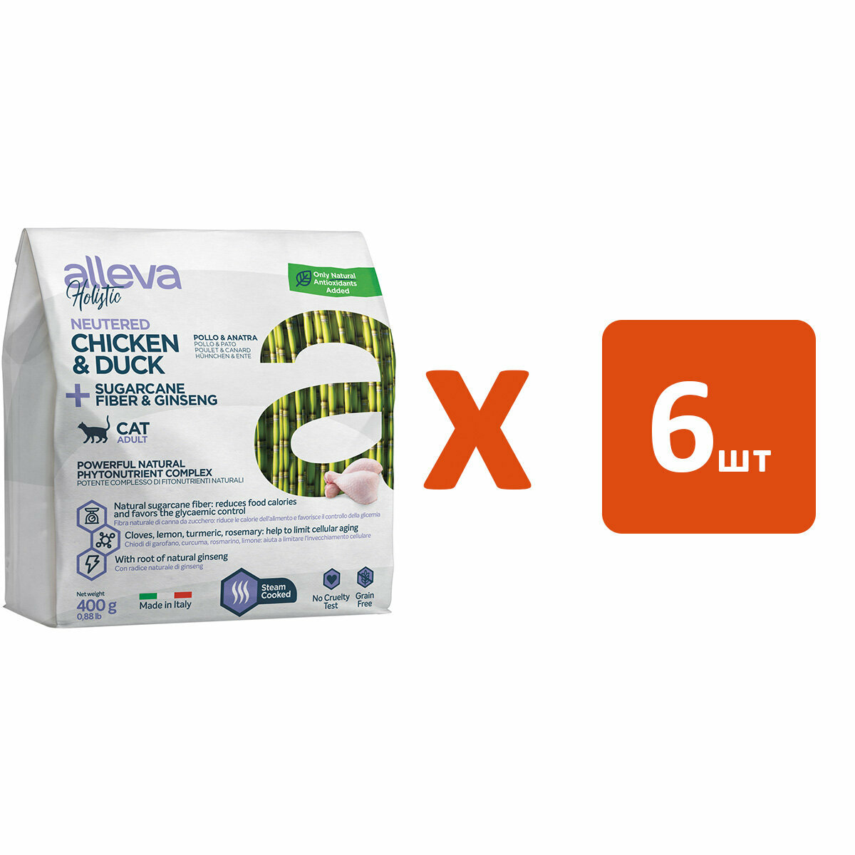 ALLEVA HOLISTIC ADULT CAT NEUTERED CHICKEN & DUCK беззерн кастрированные/стерилизованные кошки курица/утка/сахарный тростник/женьшень (0,4 кг х 6 шт)
