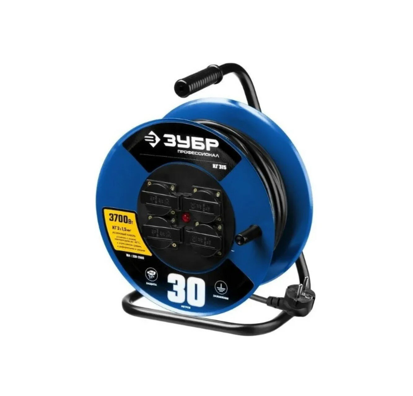 Силовой удлинитель на стальной катушке ЗУБР Кг 315, кг 3x1.5, 30м, 3700вт, ip44 55080-30 55080-30_z01