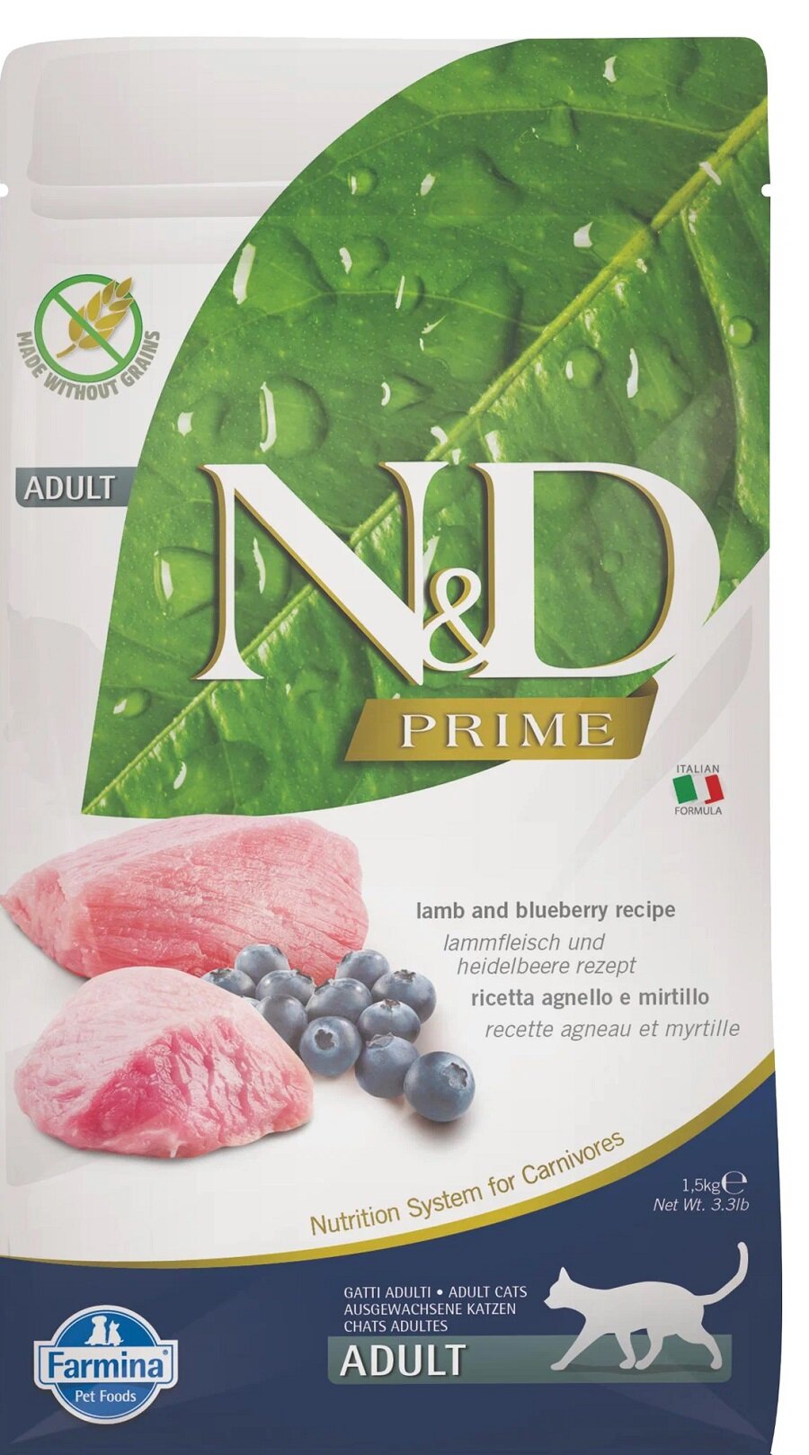 Farmina Корм сухой N&D Prime Cat Lamb & Blueberry Adult ягненок с черникой для взрослых кошек 1,5 кг