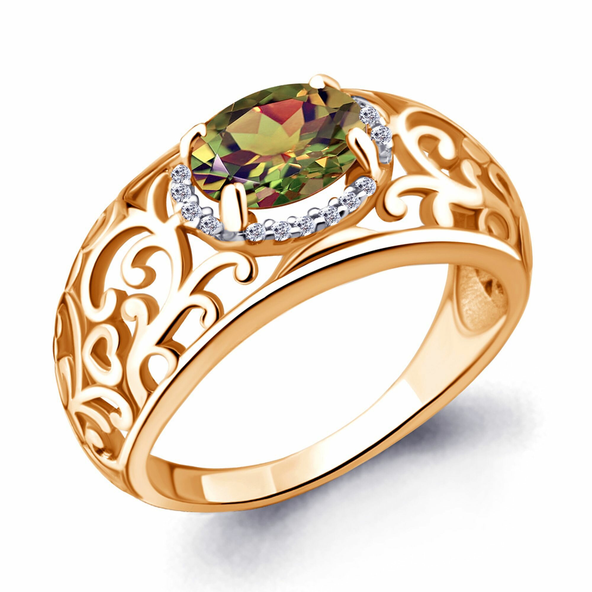 Кольцо широкое, серебро, 925 проба, золочение, фианит, султанит