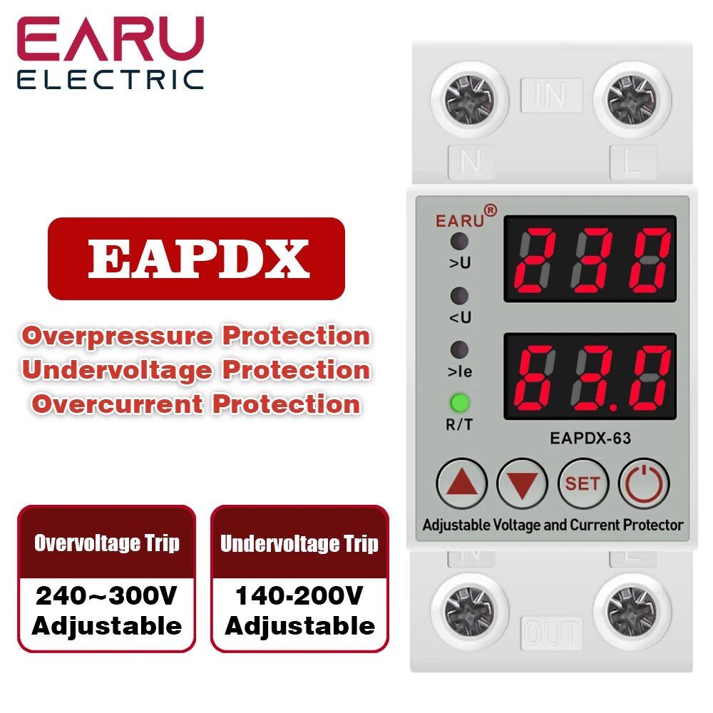 Реле напряжения EARUELECTRIC 220В 63А для DIN-рейки