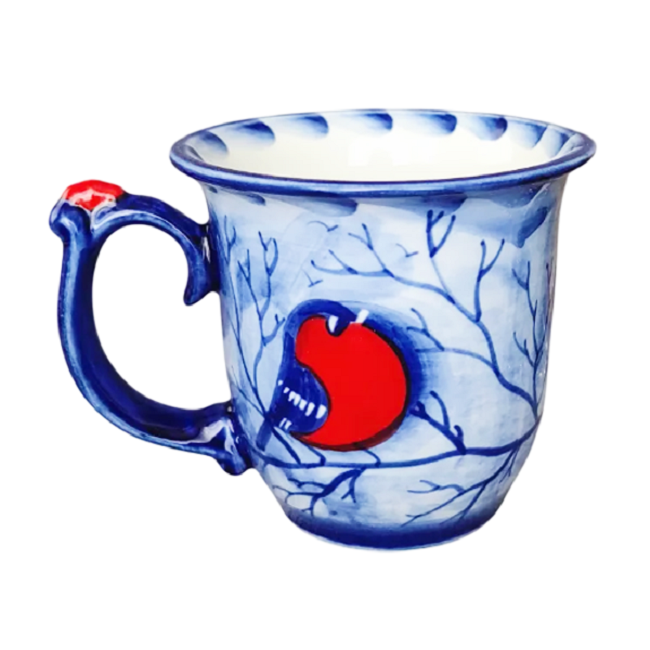 Фарфоровая чашка ручной работы "Улыбка", гжель со снегирями