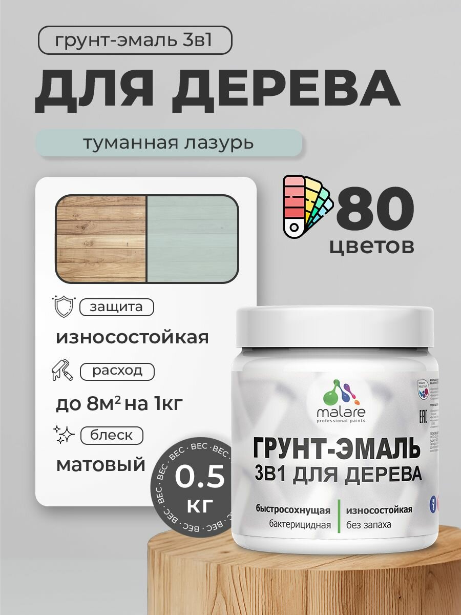 Акриловая Грунт-Эмаль 3 в 1 Malare для деревянных поверхностей/ краска по дереву с антисептическим эффектом/ быстросохнущая моющаяся без запаха матовая, туманная лазурь, 0.5 кг
