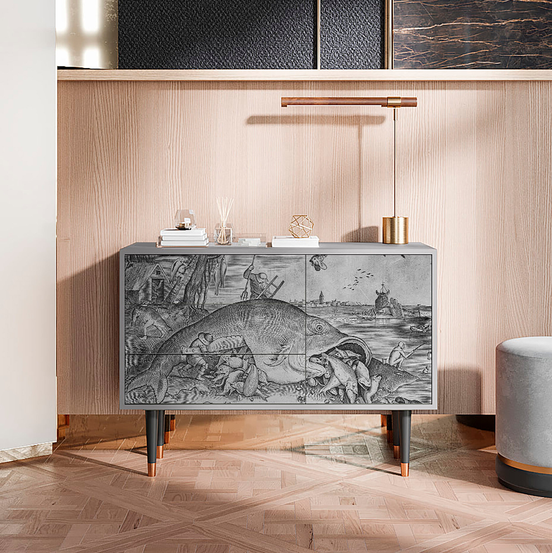 Комод - STORYZ - S3 Big Fish Eat Little Fish by Pieter Bruegel, Размер - 115 x 84 x 41 см, Цвет корпуса - , Серый