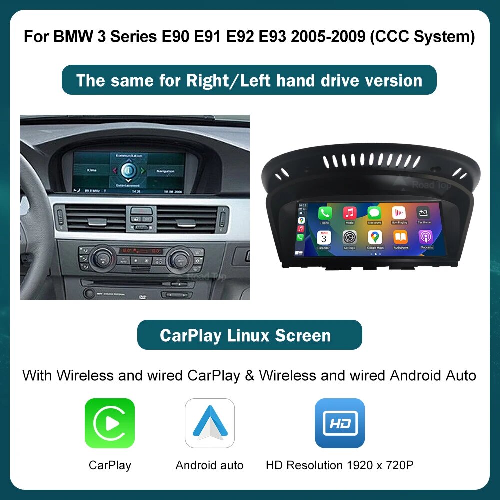 RoadTop 8,8-дюймовый беспроводной экран CarPlay Linux для BMW серии 3 5 E60 E61 E90 E91 E92 E93 CCC CIC Android Auto Мультимедийный дисплей CCC System