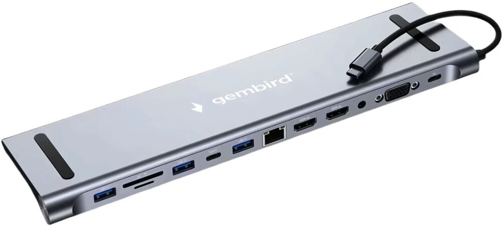 Gembird Док-станция Type-C->2 порта USB3.1 + 1 порт USB2.0 + 2 порта HDMI + 1 порт D-Sub + 1 порт LAN 100МБит/сек. + 1 порт Type-C PD + 1 порт Type-C + CR + аудио Gembird UHB-D6, серый (ret)