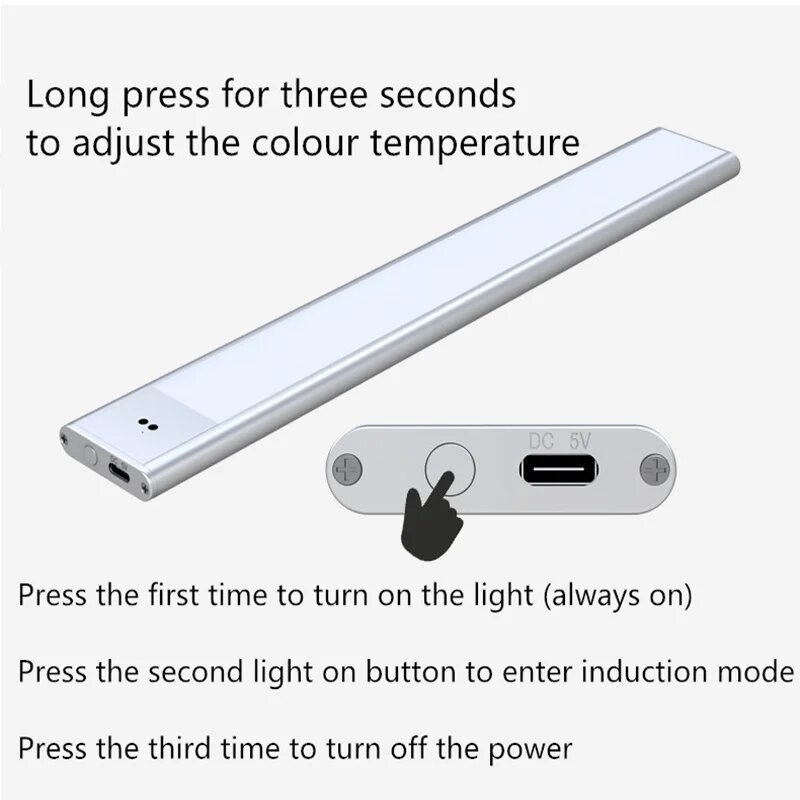 Перезаряжаемые светильники для шкафа, светодиодная длинная полоса, три цвета, регулируемая яркость, Сенсорная лампа для рук, для кухни, прихожей, кабинета