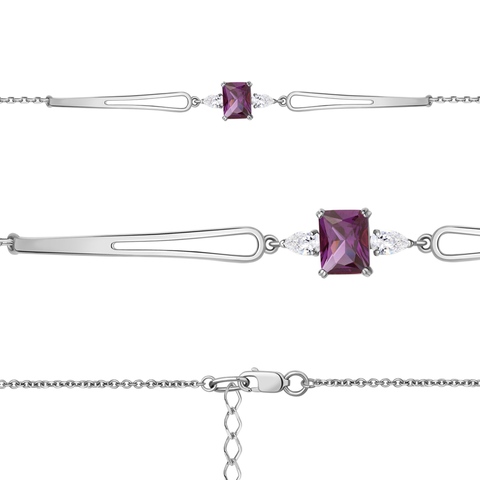 Браслет, серебро, 925 проба, родирование, аметист, фианит