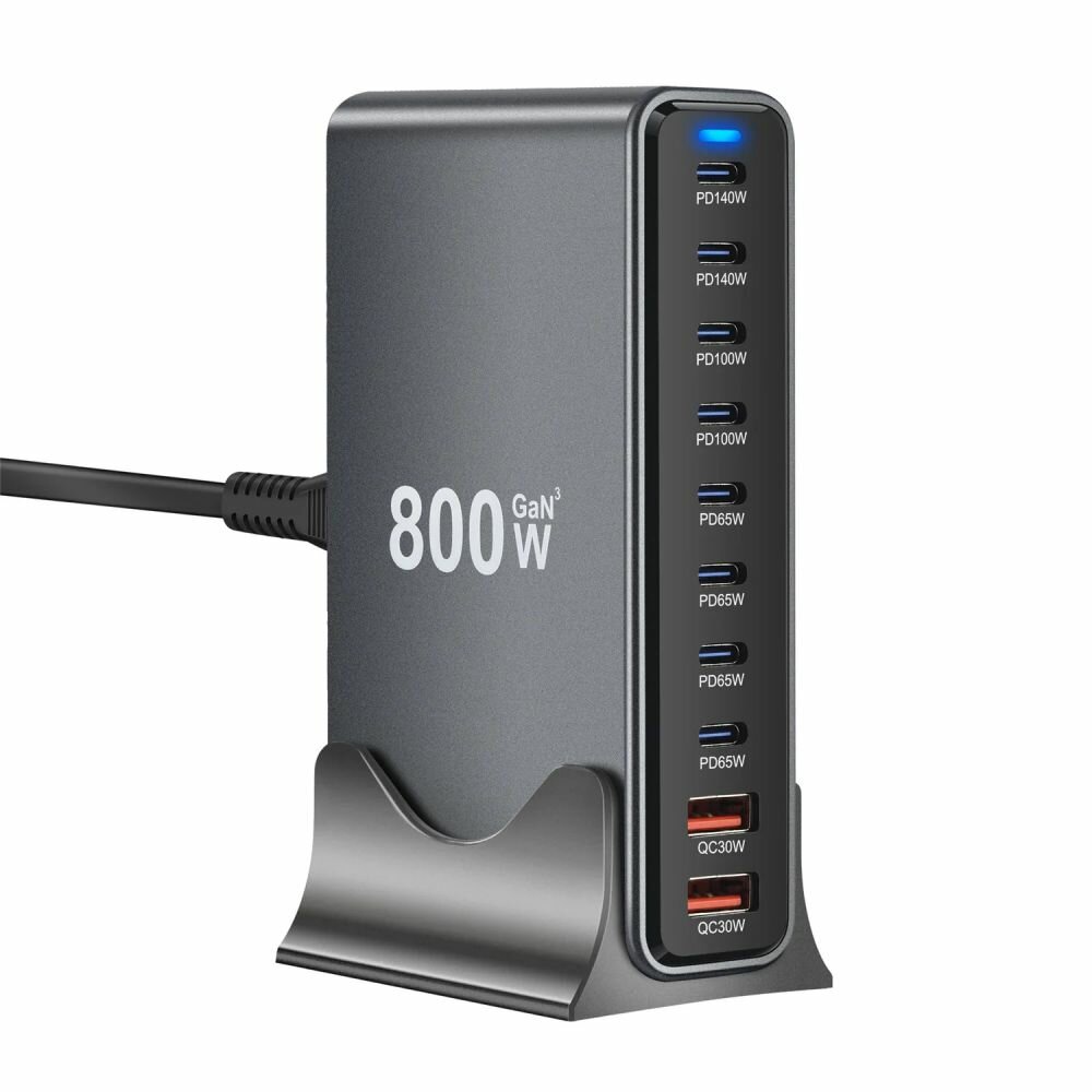 Зарядное устройство GaN мощностью 800 Вт с USB-C, 10 портами USB Type-C, поддержкой PD3.1, для быстрого подключения iPhone 16, 15, 14, S24, Xiaomi и ноутбуков.