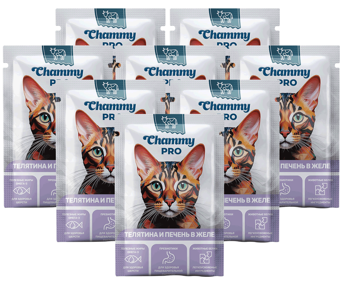 Влажный корм Chammy Pro для взрослых кошек, телятина и печень в желе, 85 г х 8 шт