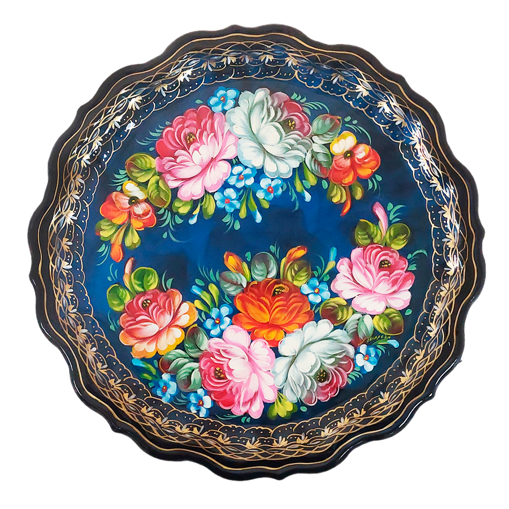 Поднос металлический, круглый "Цветочная геометрия", жостово 37см.