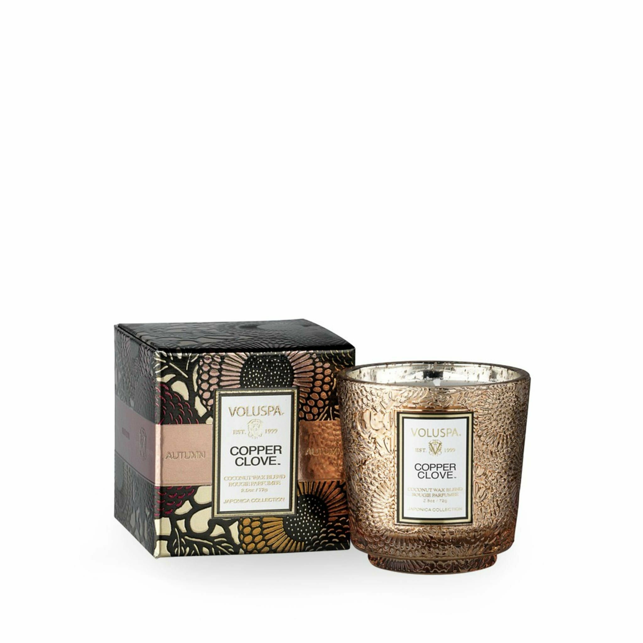 Свеча ароматическая VOLUSPA "Тыква и гвоздика" / COPPER CLOVE в стеклянном подсвечнике и коробке, хлопковый фитиль, 25 ч. горения, 72 гр -kpa