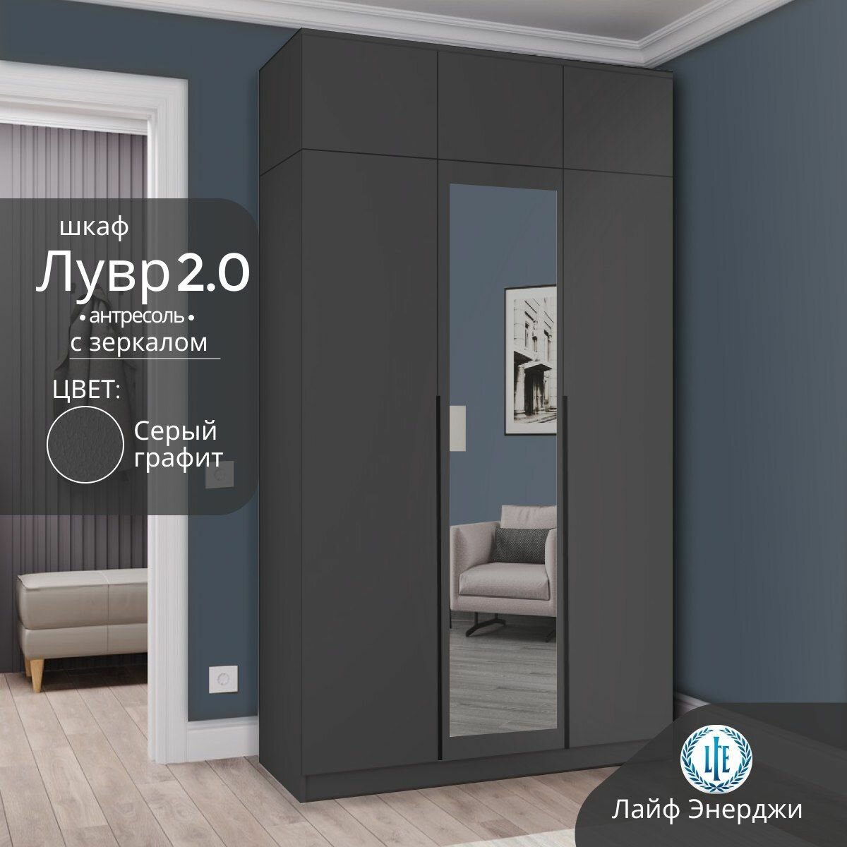 Шкаф распашной для одежды Лувр 2.0 с зеркалом графит серый, 3-х дверный, модульный, с доводчиками, полками, штангой и антресолью, 120.1х50.6х260 см