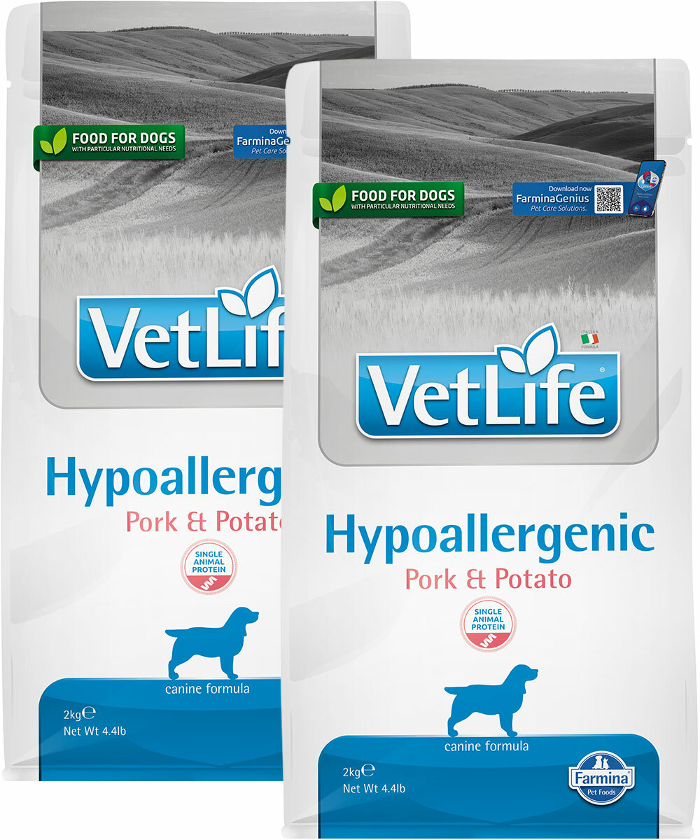 FARMINA VET LIFE CANIN HYPOALLERGENIC PORK & POTATO для взрослых собак при пищевой аллергии, непереносимости со свининой и картофелем (2 + 2 кг)