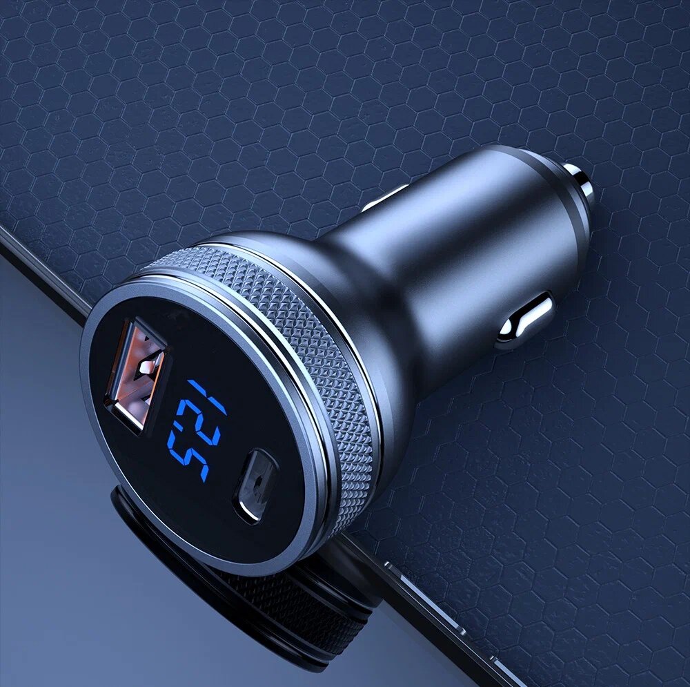 Зарядное устройство FaizFull 55W, 2 разъема Type-C, Type-A, автомобильный вольтметр