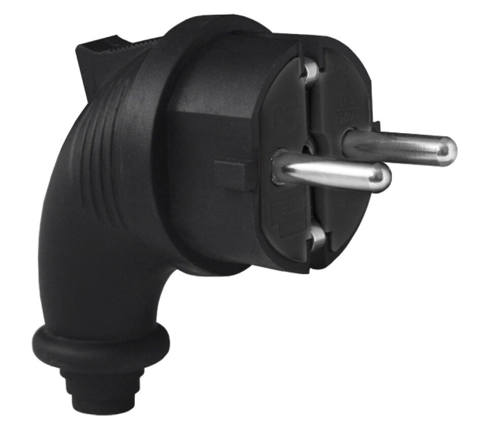 Вилка силовая кабельная UNIVersal / Юниверсал еврослот угловая в корпусе из каучука, черная, 16А 250В, IP44 / электрика