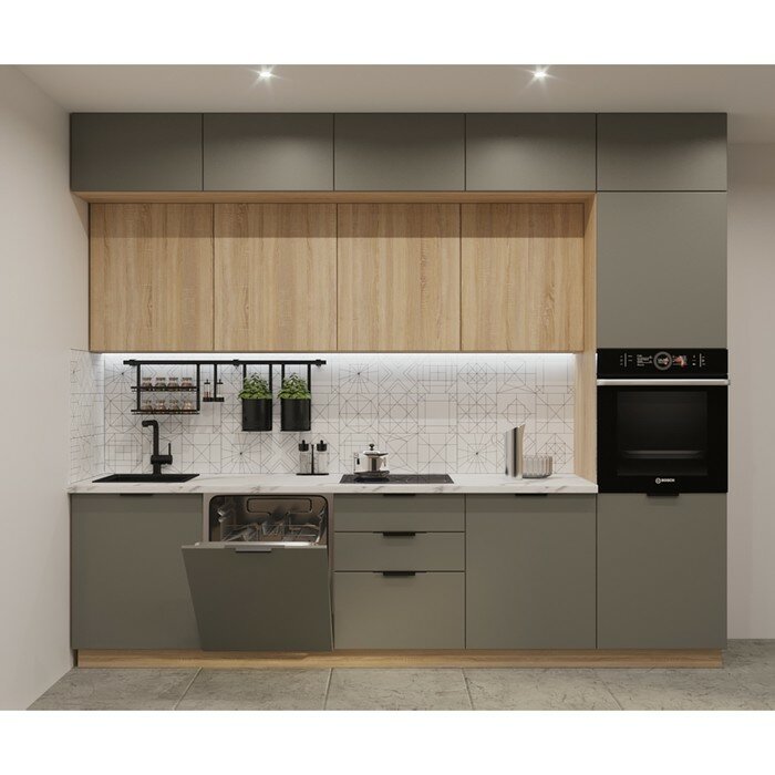 Кухонный гарнитур трёхуровневый под потолок «фаска 19», 3000×600 мм, цвет обсидиан/дуб сонома