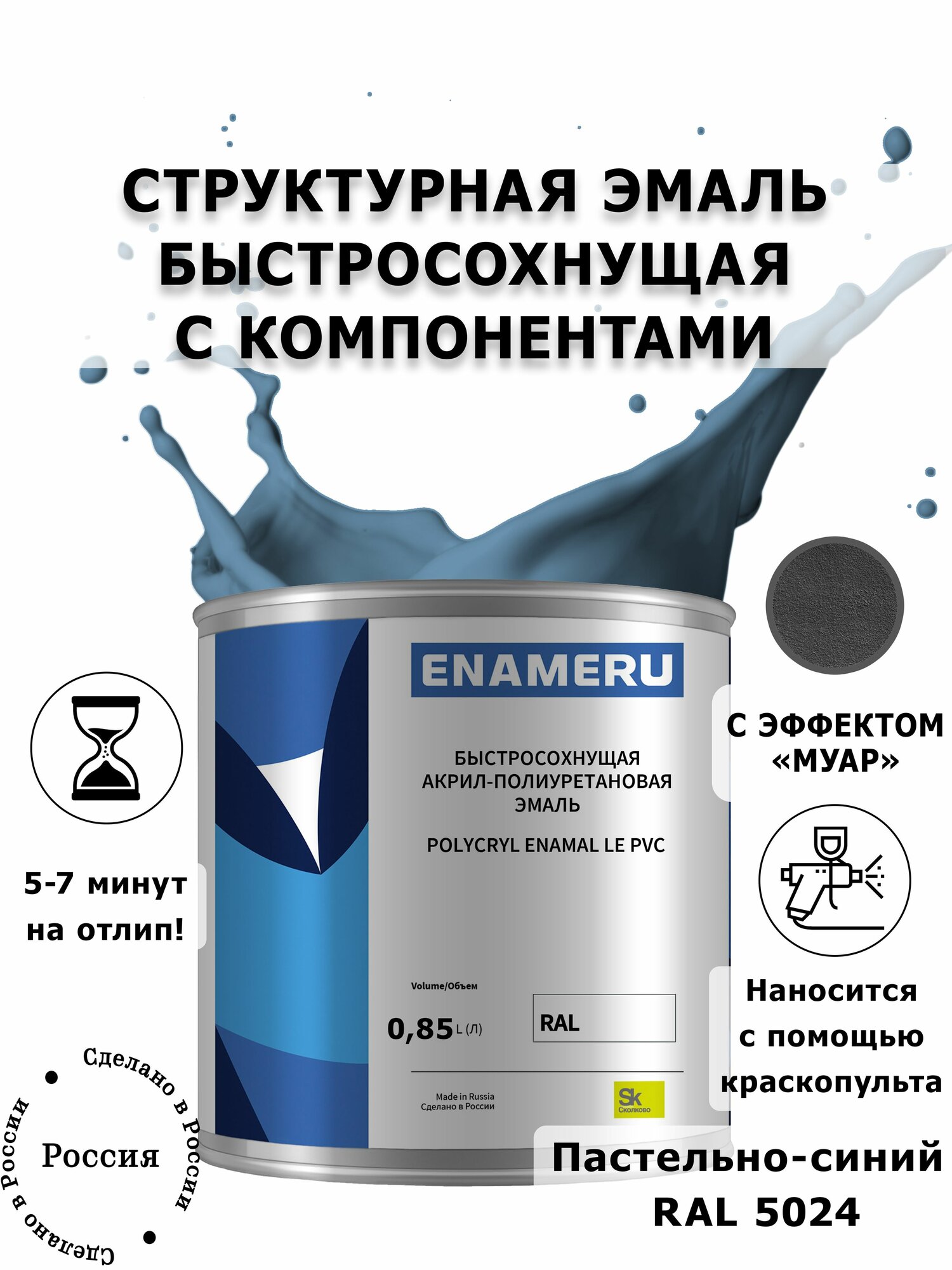 Структурная Эмаль для ПВХ и Пластика Энамеру, Акрил-полиуретановая, Матовая, Пастельно-синий RAL 5024, 1.35л готовой смеси