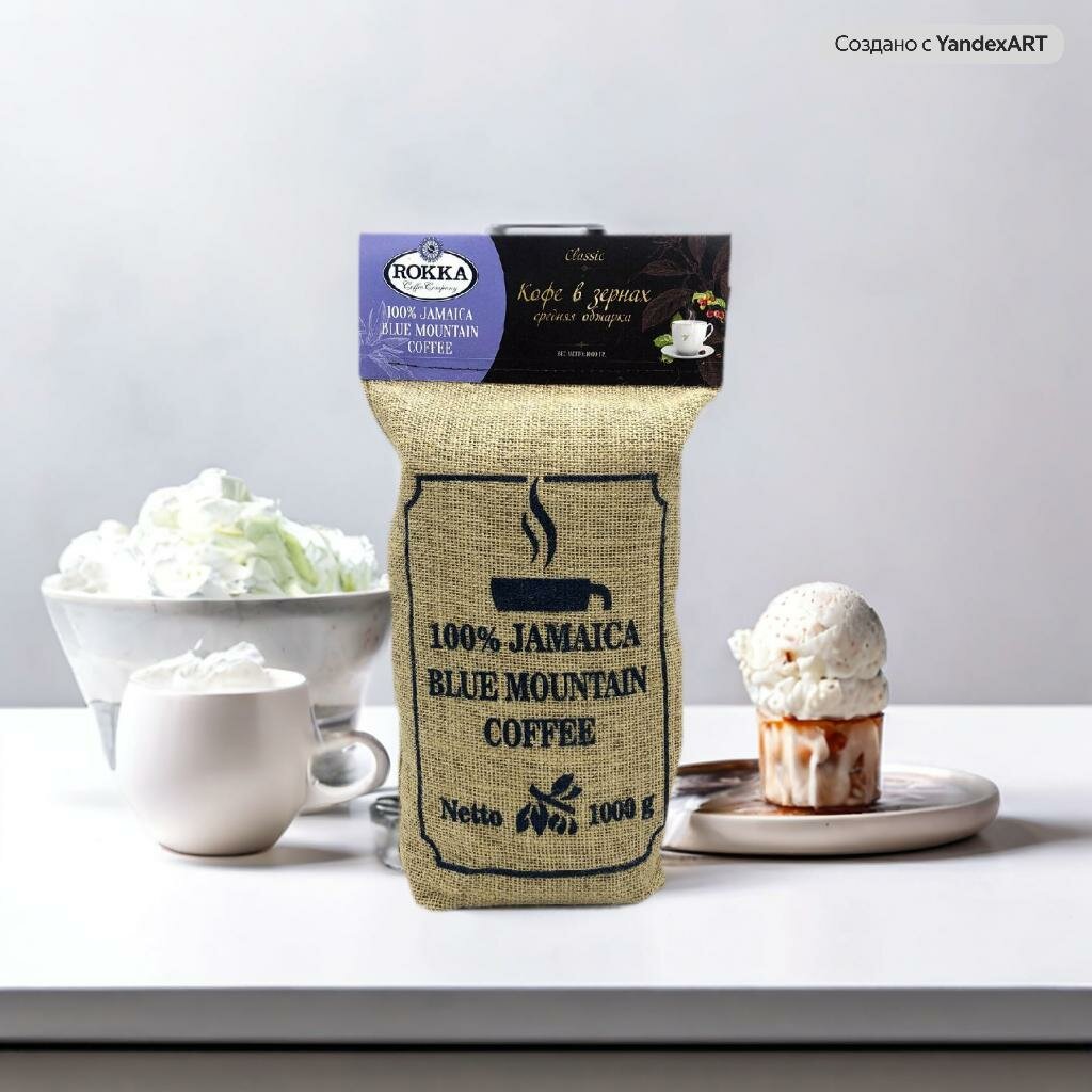 Элитный кофе Ямайка Блю Маунтин средней обжарки 1000 гр, в джутовом подарочном мешочке.