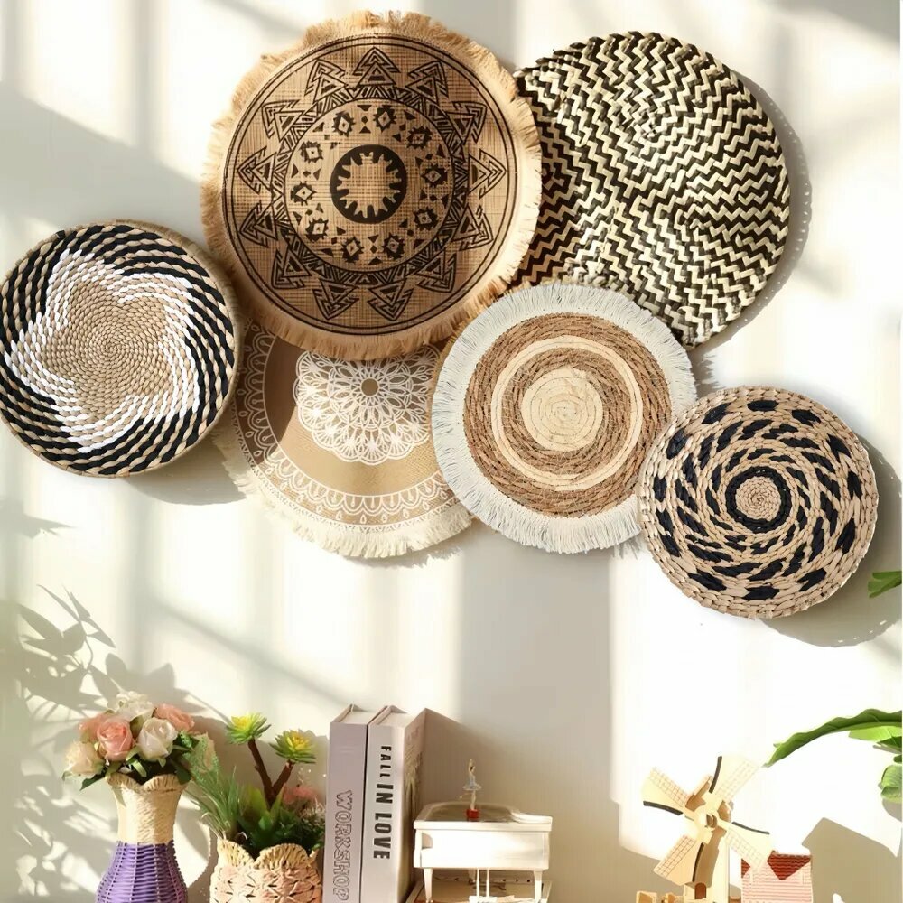 Набор настенных украшений, рафия, цвет желтый, кремовый, 6 шт.