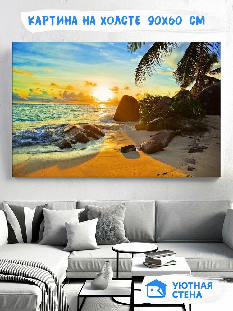 Картина на натуральном холсте Уютная стена "Тропический пляж на закате" 90х60 см