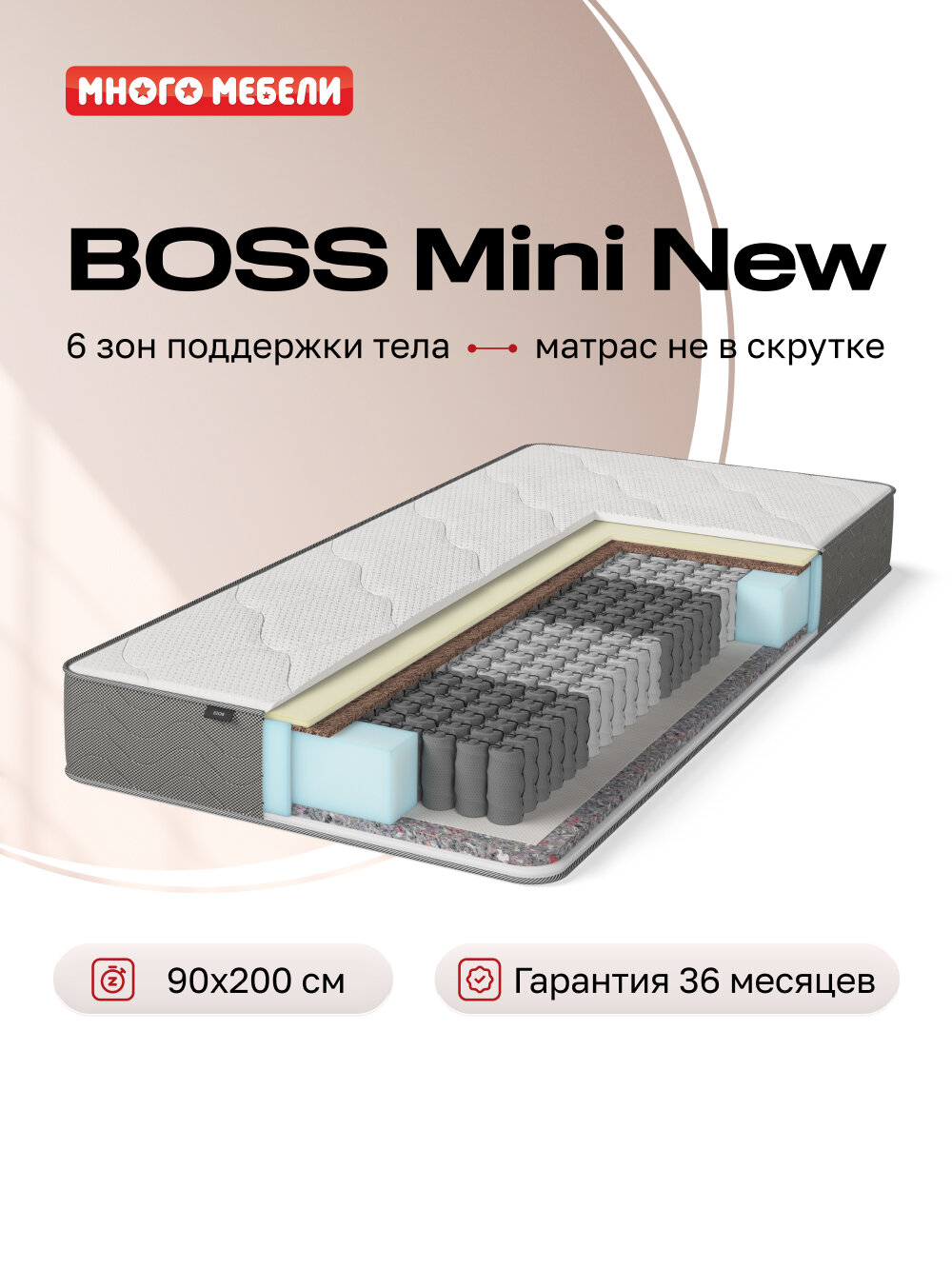 Матрас BOSS MINI NEW 90*200, высота 22см, средней жесткости, трикотаж LUX, с независимыми пружинами, не в скрутке