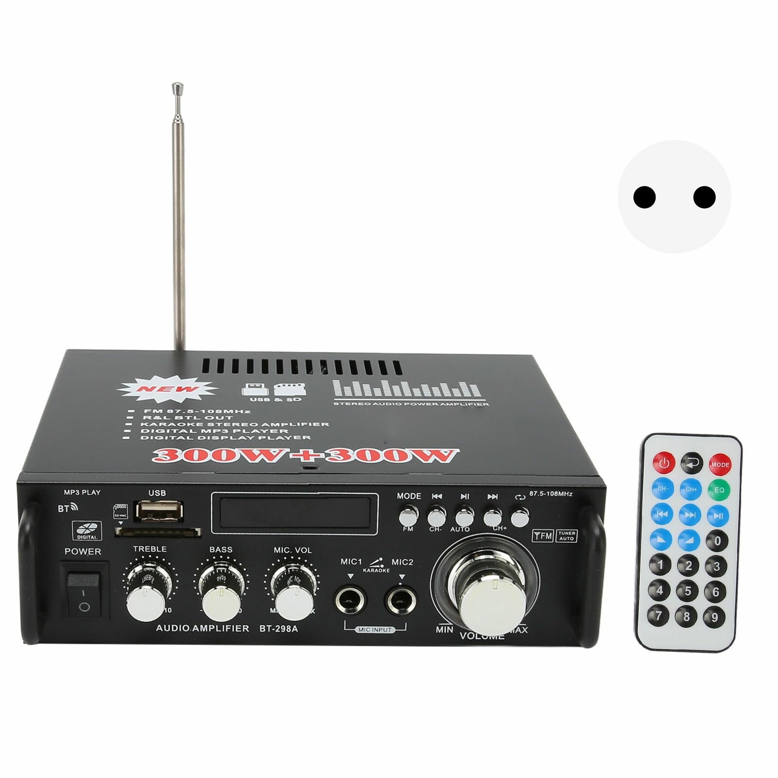 Усилитель мощности 300Вт+300Вт, BT, USB, SD, пульт, LED, 220В EU