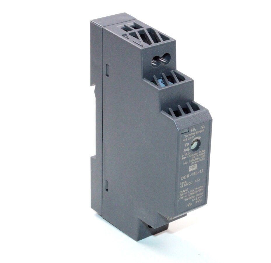 DDR-15L-12, Преобразователь DC-DC на DIN рейку, MW, DC-DC, 15Вт, вход 18…75 В DC, выход 12В/1.25А, изоляция 4000В DC, в