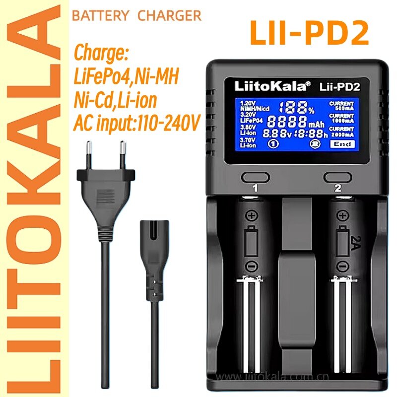 Зарядное устройство LiitoKala Lii PD2, для аккумуляторов 26650-10440, ЖК-дисплей, 2слота