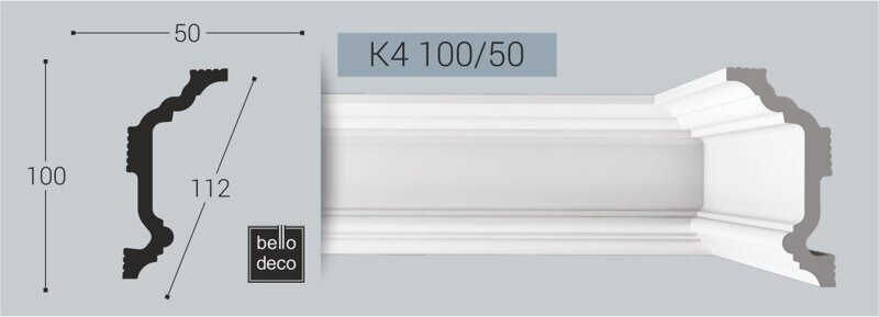 Плинтус потолочный BelloDeco К-4 100/50, 1шт (длина 2м)