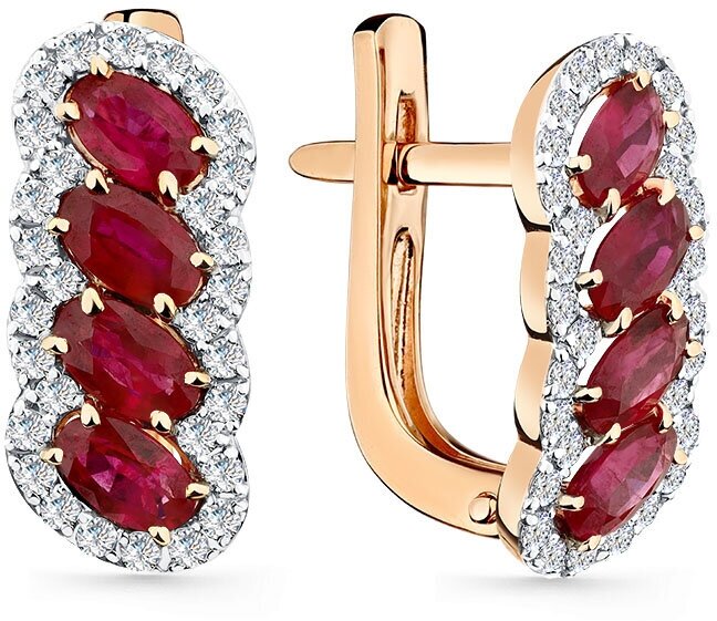 Серьги, красное золото, 585 проба, бриллиант, рубин