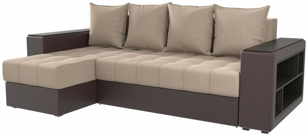 Угловой Диван Дубай М, Велюр Темно-Бежевый/Экокожа Коричневый, Угол левый, Ящик для белья, 258х160х80 см