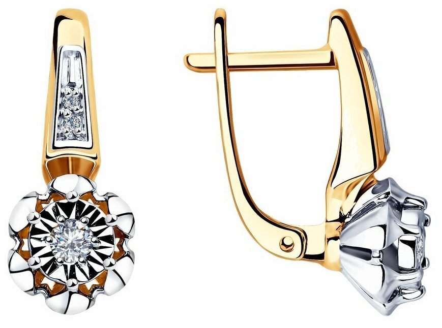 Серьги, комбинированное золото, 585 проба, бриллиант