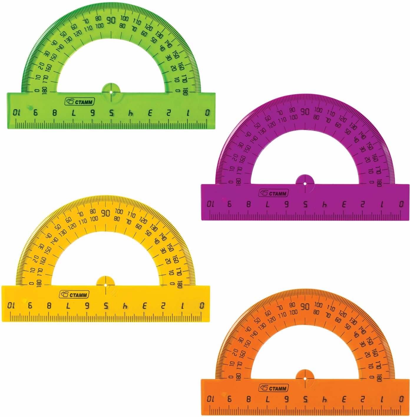Транспортир 10 см, 180 градусов, пластиковый, СТАММ «Neon Crystal», тонированный, неоновый, ассорти, ТР21
