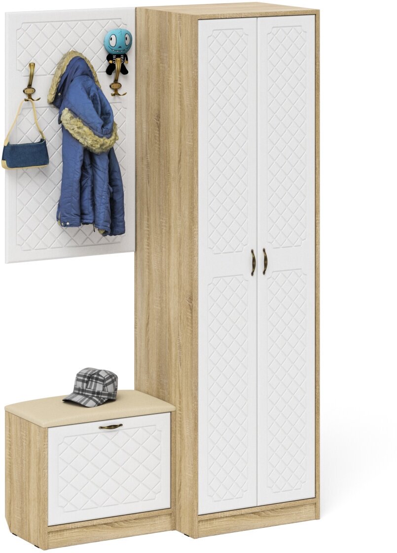 Шкаф в прихожую с обувницей с сиденьем и вешалкой П-6, сонома/фасады МДФ белое дерево фрезеровка ромб 120х50х210