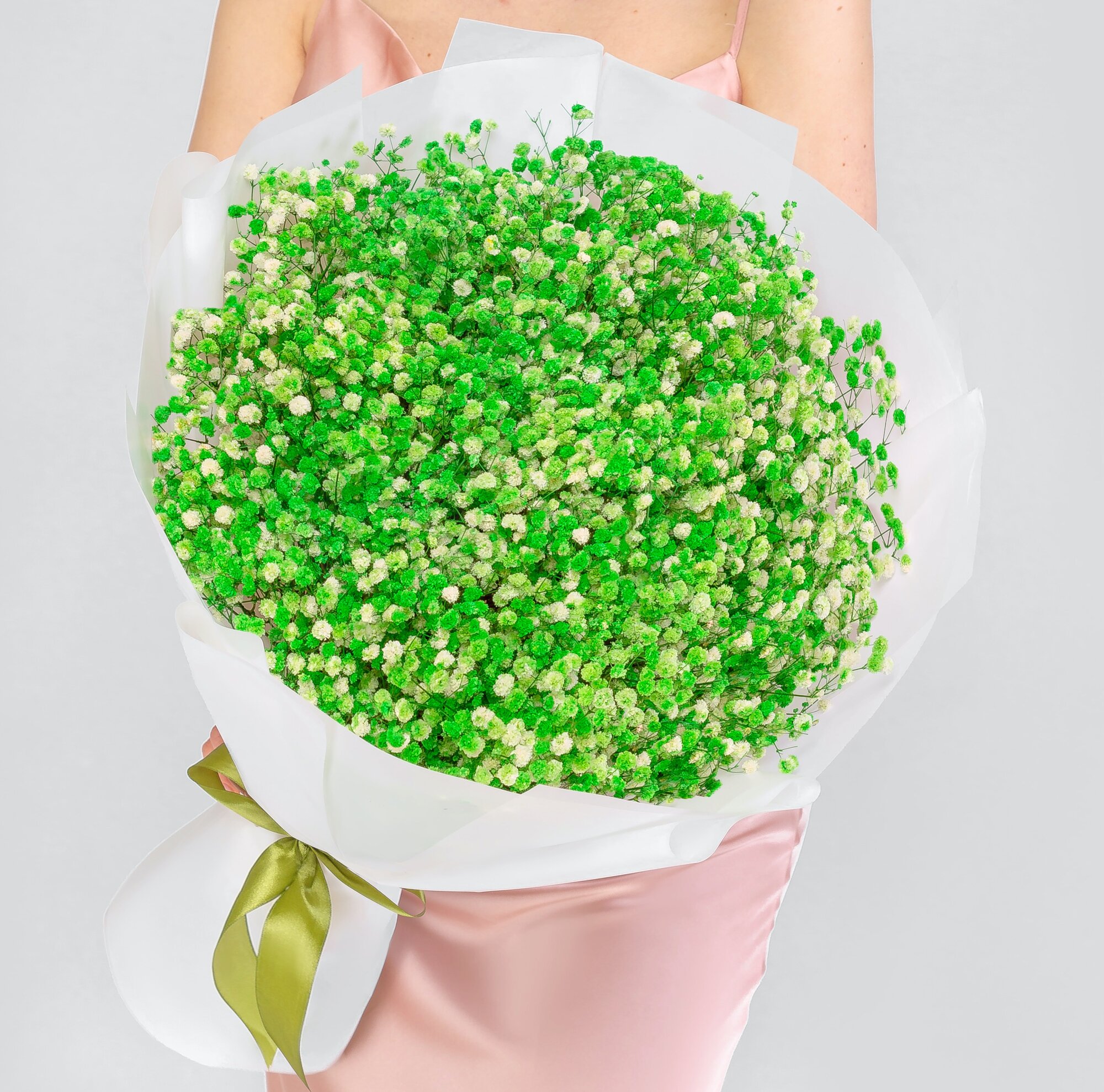 Букет Мегацвет24, "Зеленые Гипсофилы", 25 цветов, стабилизированные, дизайнерская упаковка