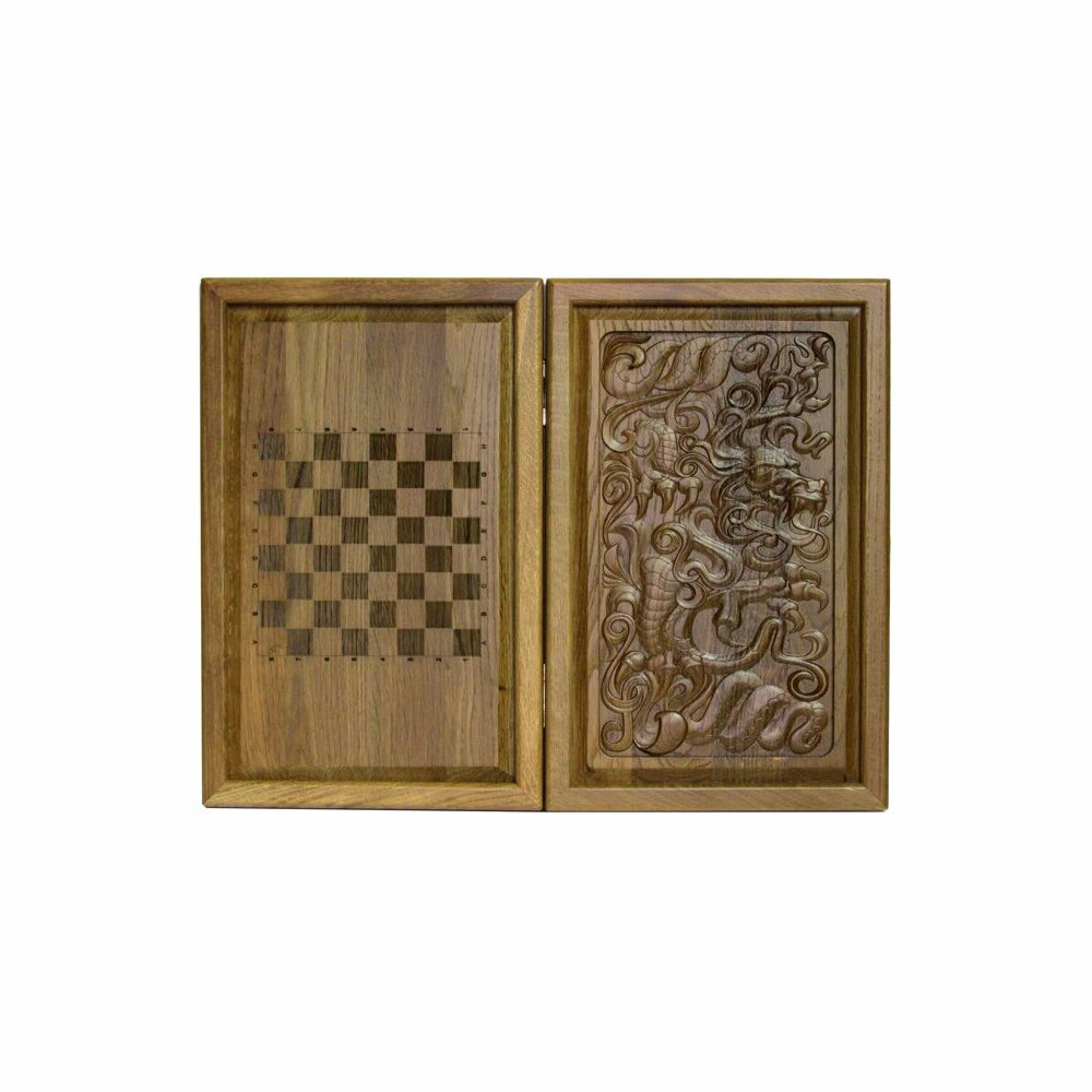 Резные объемные двусторонние нарды дорожного размера из массива мореного дуба Дракон 36*46 см 999-30-14