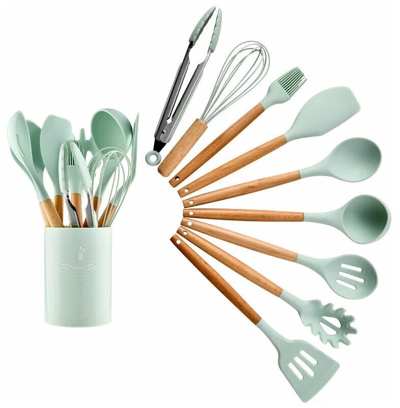 Набор кухонных принадлежностей, 12 силиконовых предметов с деревянной ручной