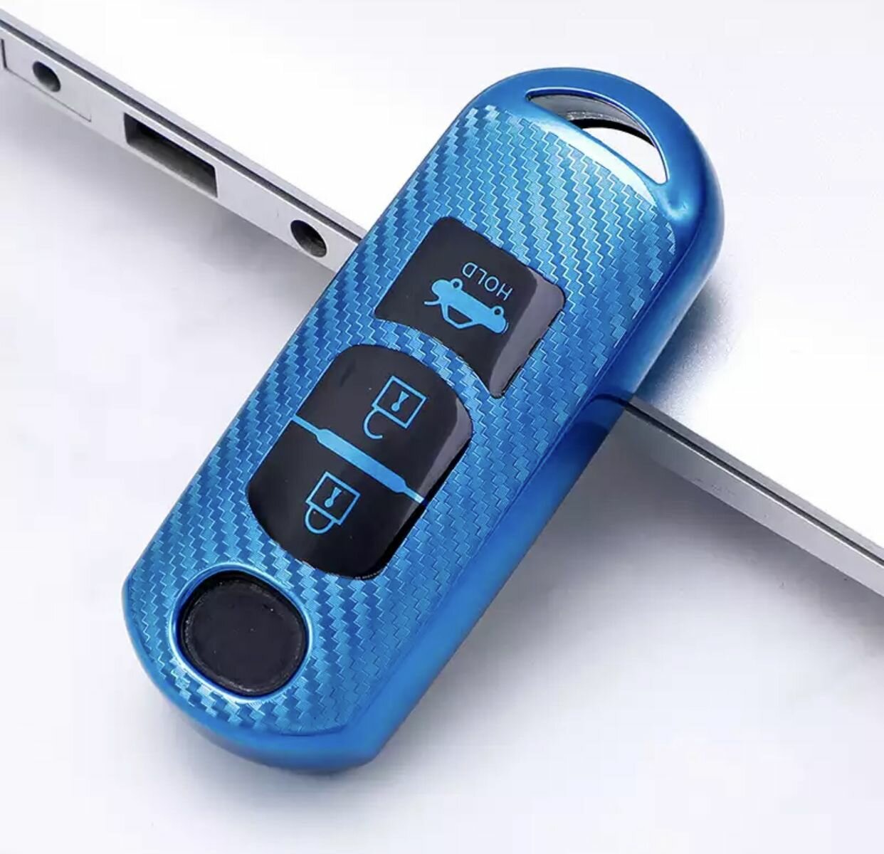 Чехол на ключ Mazda / Мазда 3 кнопки TPU carbon blue
