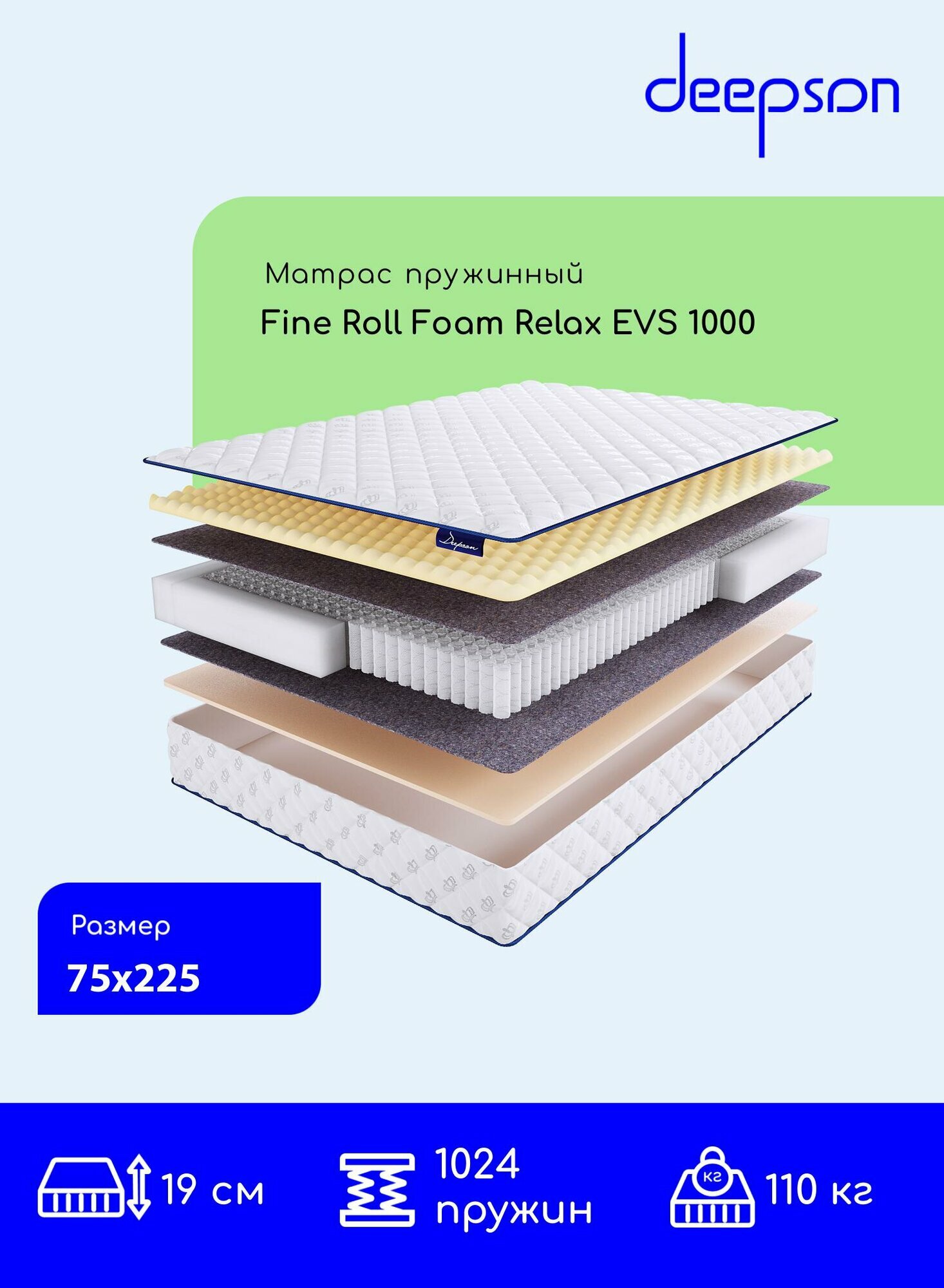 Матрас 75x225 ортопедический независимые пружины Deepson Fine Roll Foam Relax EVS 1000