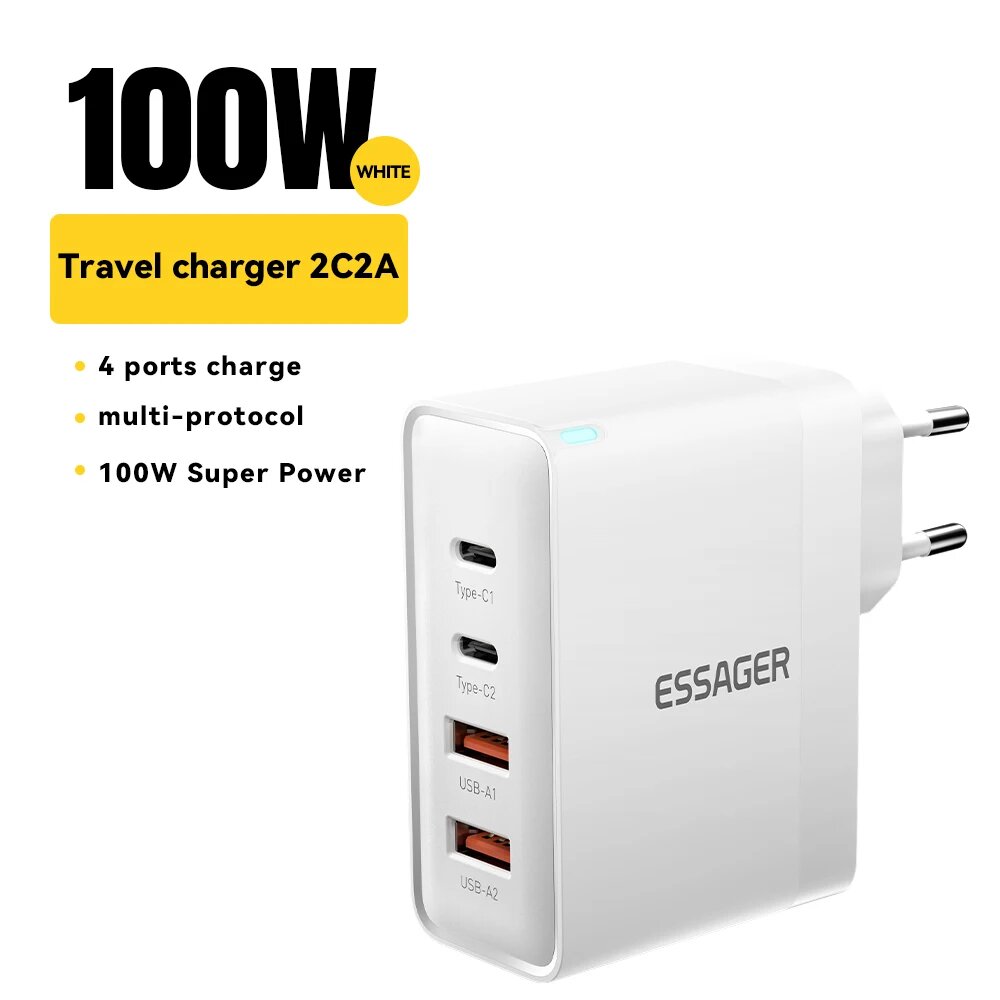 Essager 100 Вт США/KR Plug USB Type C GaN Зарядное устройство для ноутбука Macbook PD EU Plug White