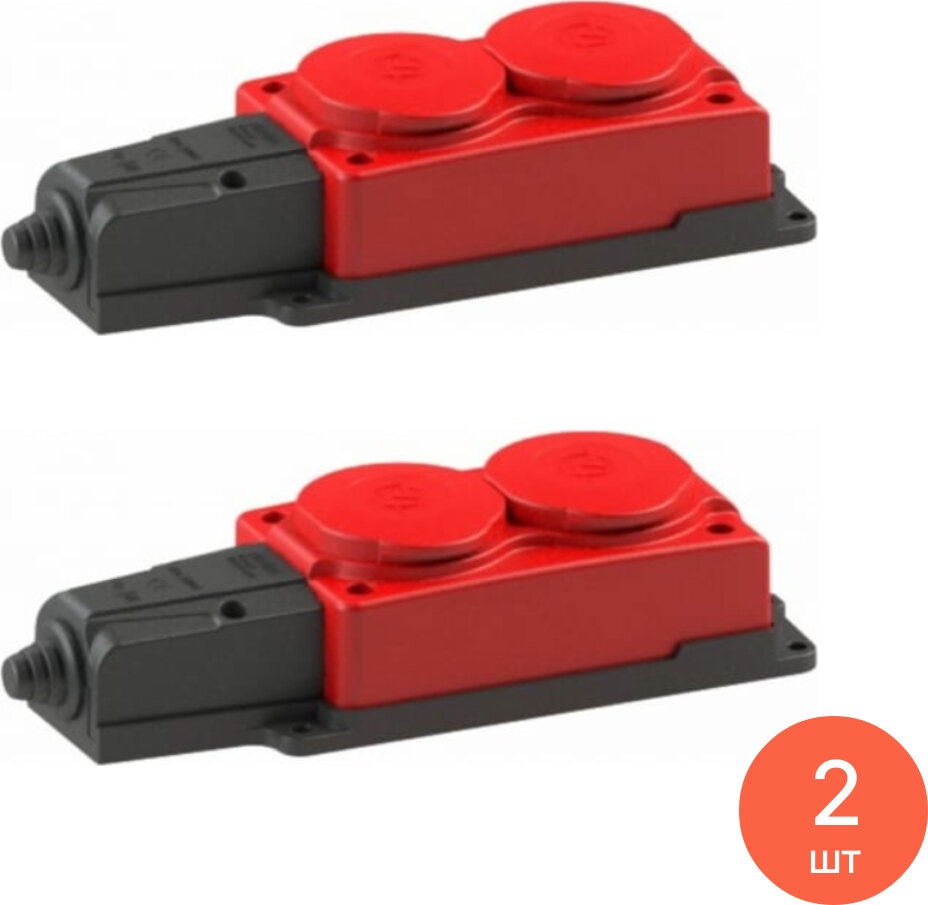 Блок розеток NE-AD 2 гнезда, 16А IP44 с заземлением и крышками, каучук черный/красный, 4122 / колодка электрическая для удлинителя (комплект из 2 шт)
