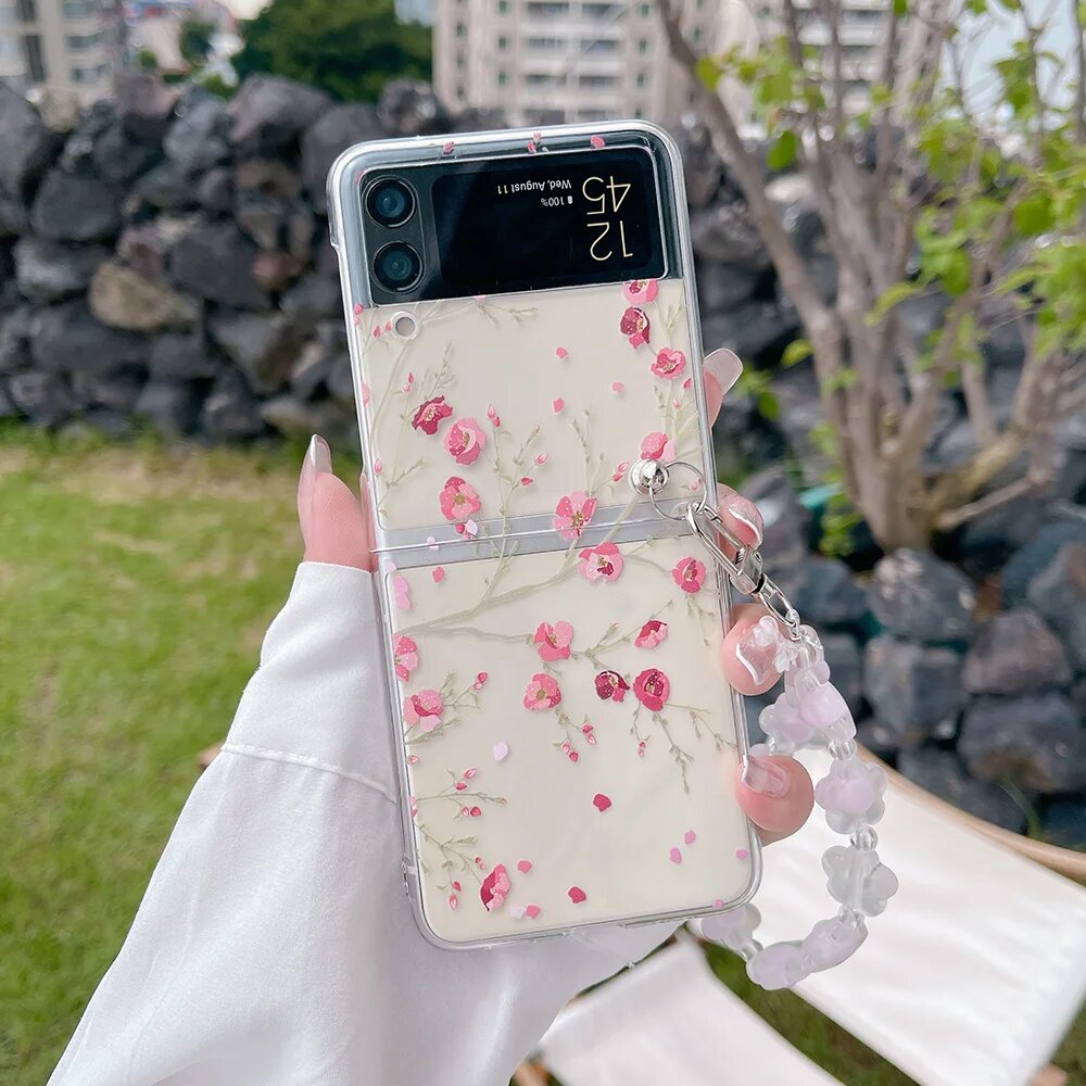 Чехол для Samsung Galaxy Z Flip 6 с браслетом, цветочный, прозрачный
