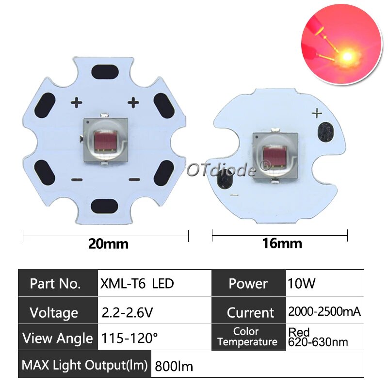 OTdiode BALL 10W 5050-L2 T6 LED светодиоды XLM-Red T6, 16mm Led 1pcs