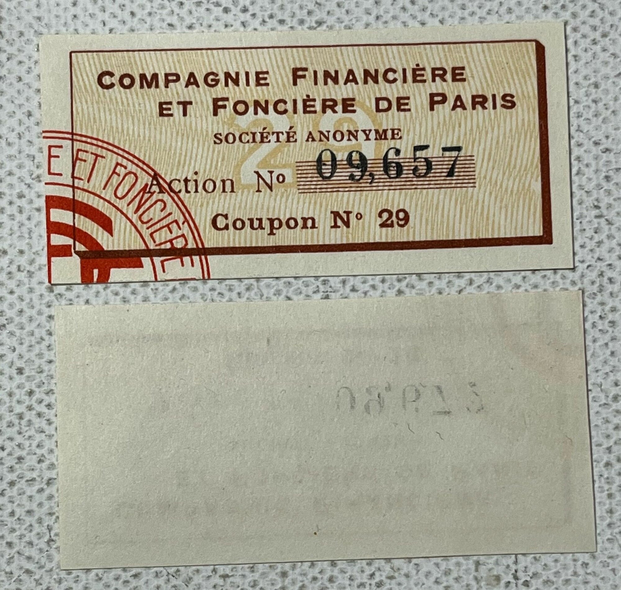 Купон от акции. Парижская финансово-земельная компания