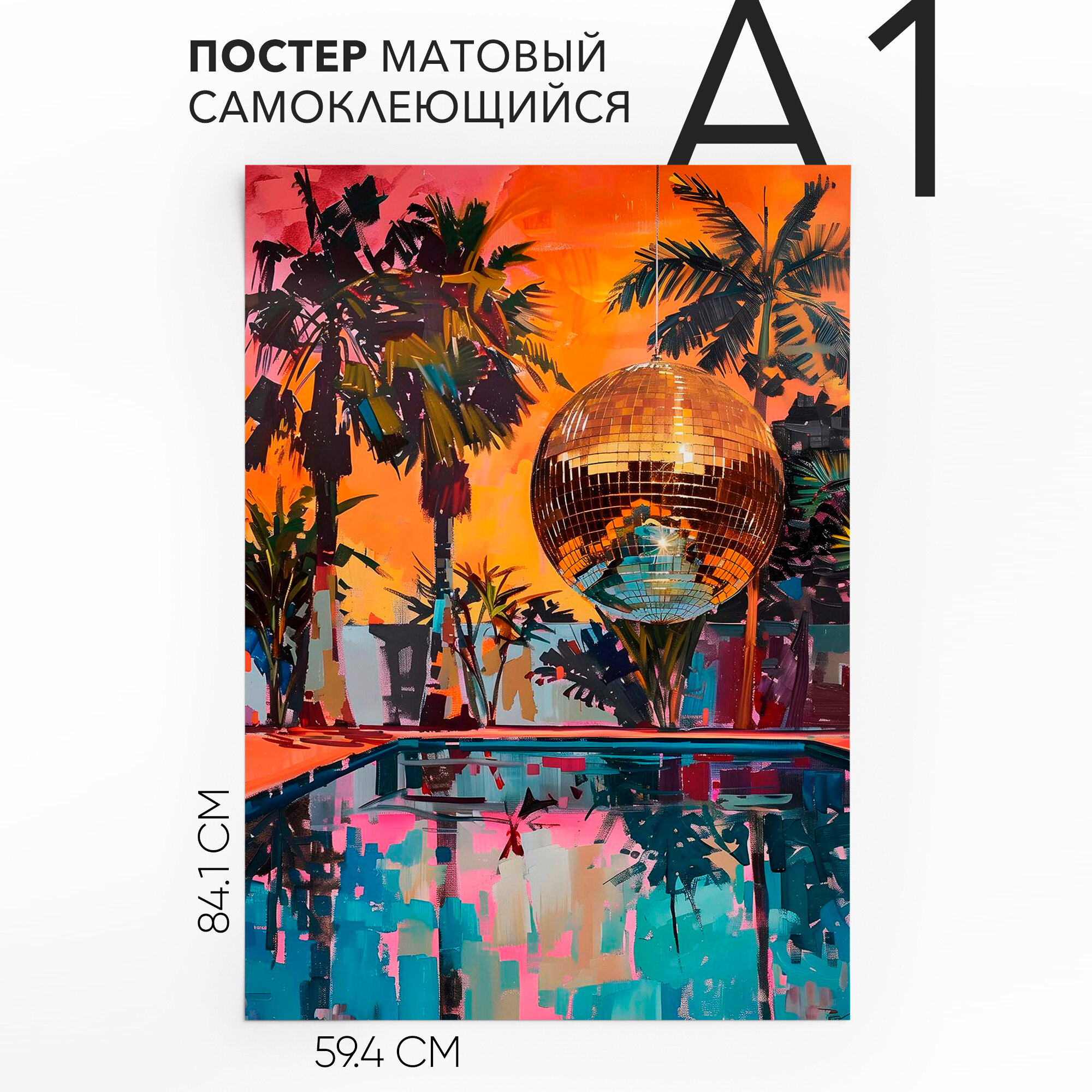 Постер на стену самоклеящийся, большой A1 Бассейн и дискошар, влагостойкий, для декора