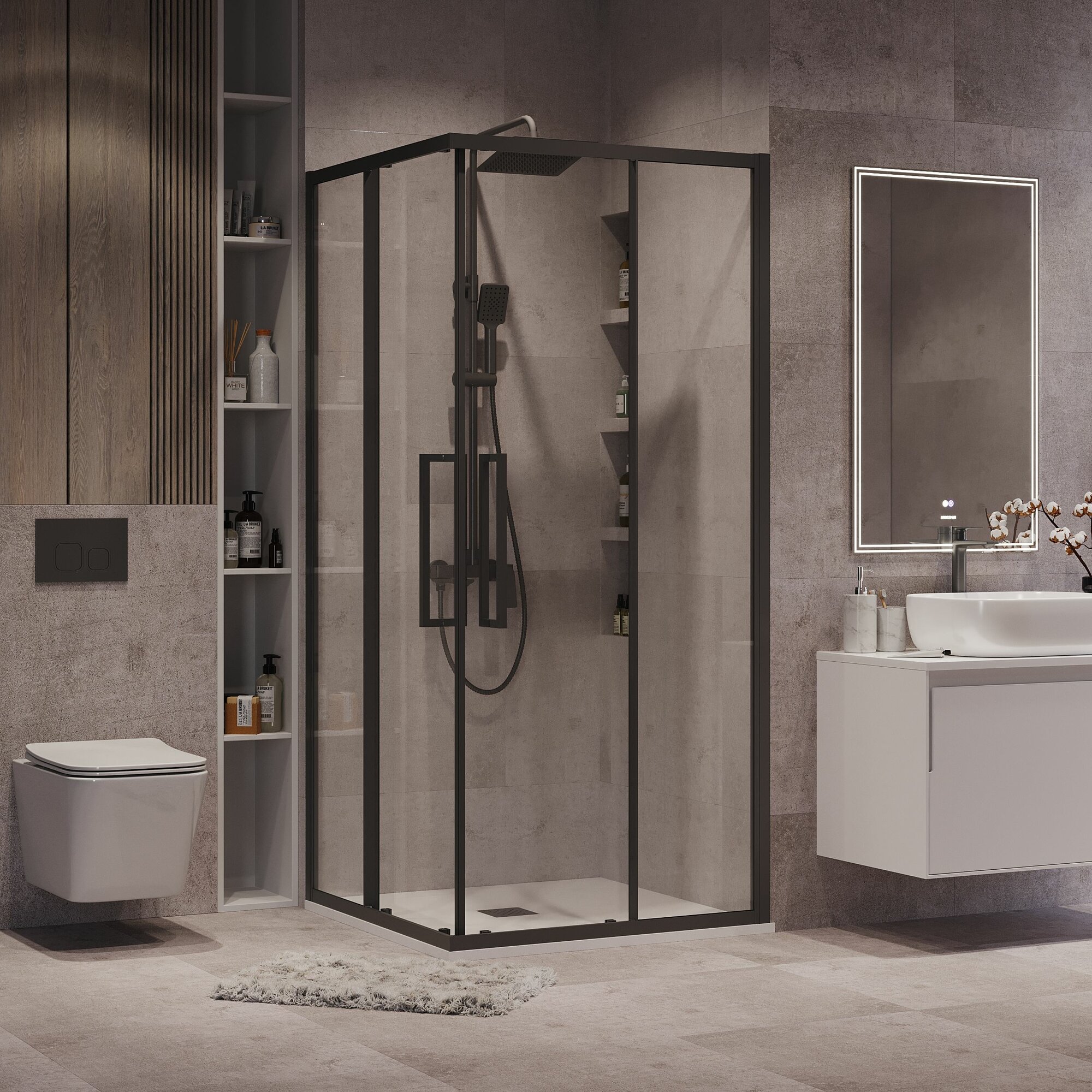 Душевое ограждение Grossman Cosmo 300. K33.02.8080.21.00 (80х80х195) квадрат, раздвижная, черный матовый, стекло прозрачное, 1 место