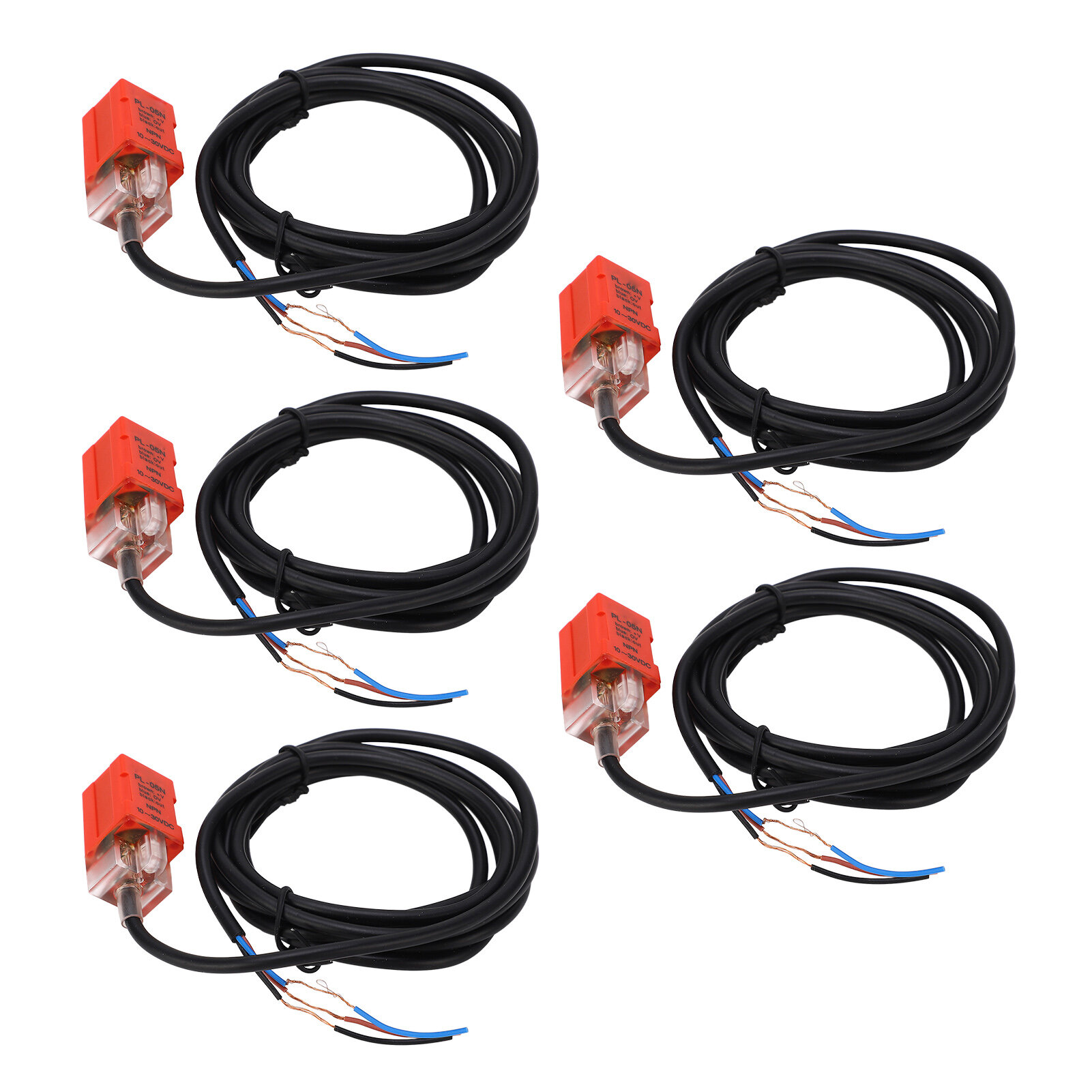 5 шт. бесконтактных датчиков NPN с нормально разомкнутым контактом, частота отклика 100 Гц, степень защиты IP65, напряжение питания 10–30 В, ток 200 мА.