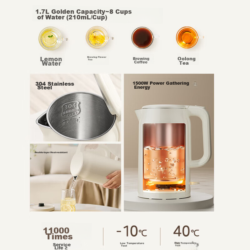 Midea Electric Kettle, Double-Layer Anti-Scalding, Household Hot Water Kettle, 1.7L Large Capacity, 304 Stainless Steel Seamless Inner Tank, Electric Hot Water Kettle, Boiling Water Kettle, Government Subsidy, S17H45
