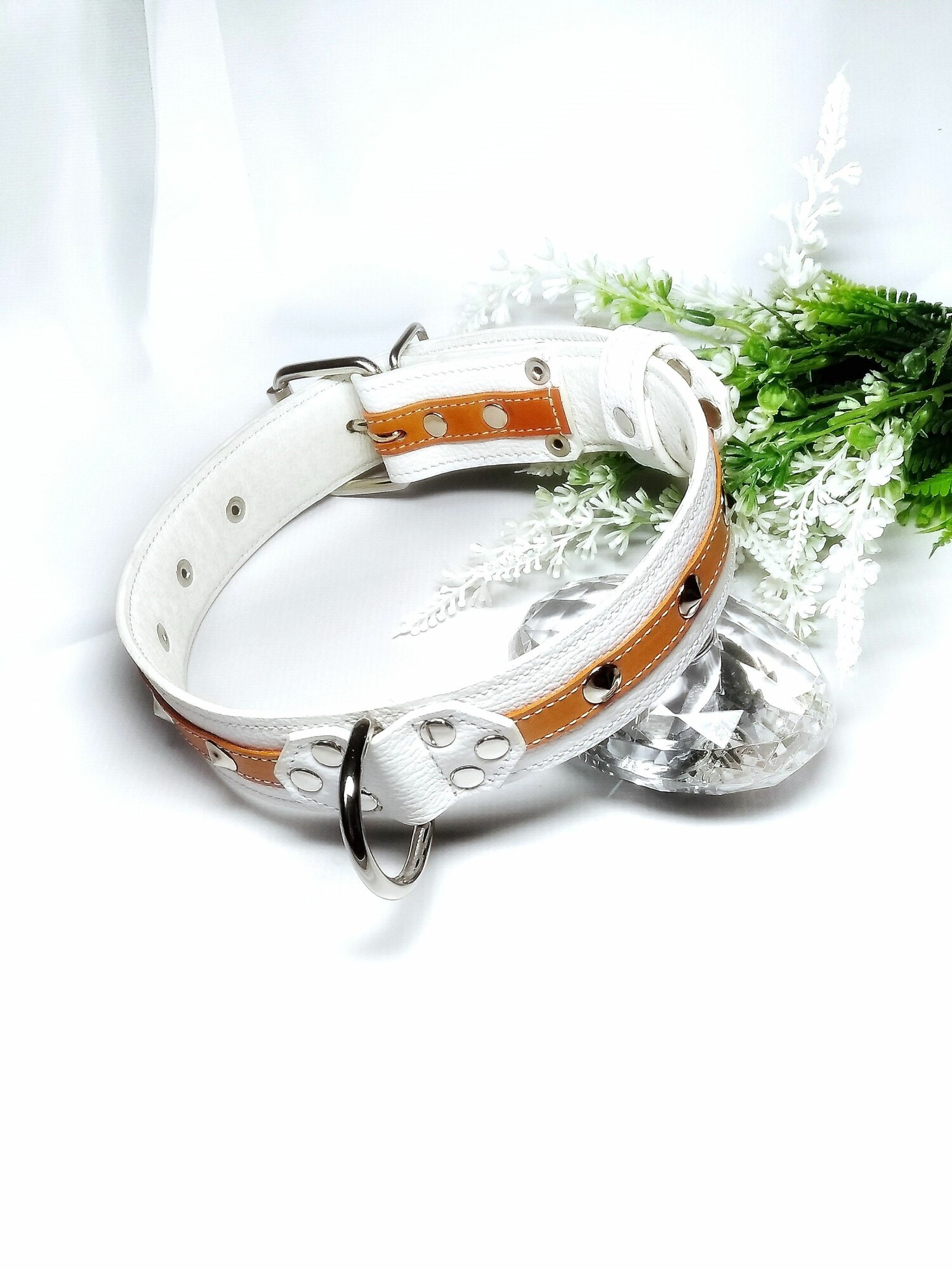 Ошейник для собак от Фантазии от Agat, ручная работа, бело-оранжевый, натуральная кожа